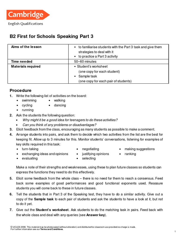 B2 First For Schools Speaking Part 3: Procedure | PDF | Cognitive ...