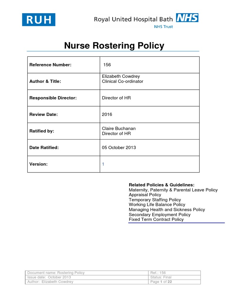 Nurse Rostering Policy: Reference Number | PDF | Work–Life Balance ...