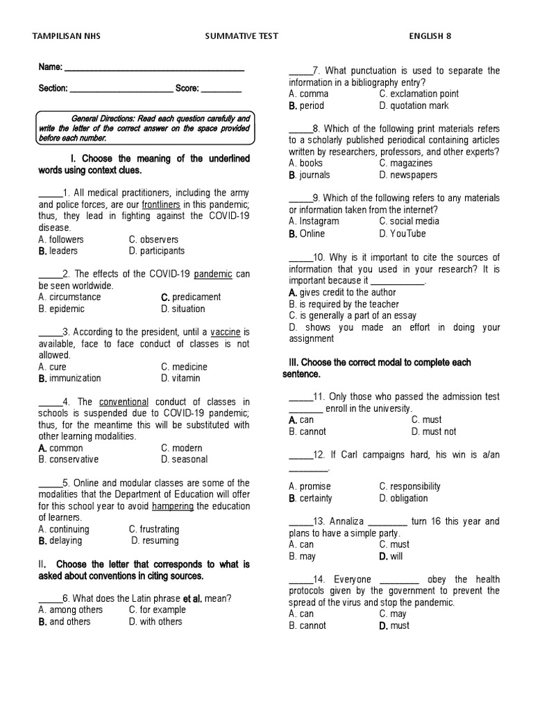 Grade 8 English Summative Test | PDF | Adverb | Punctuation