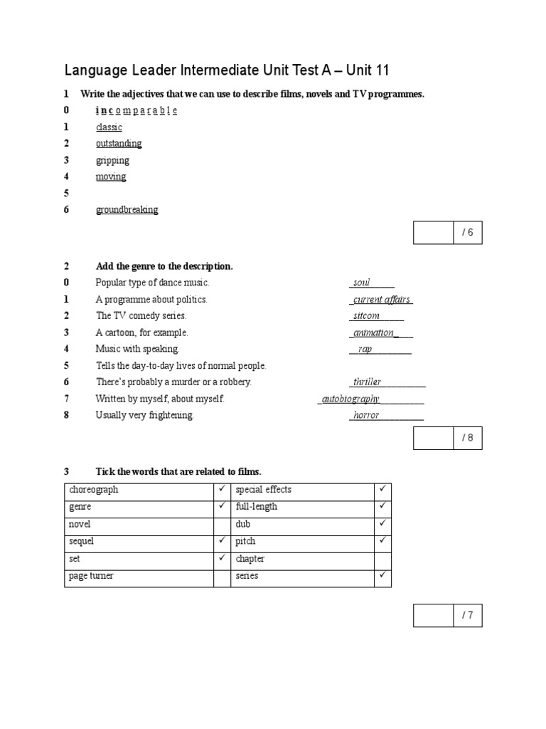 Language Leader Intermediate Unit Test A - Unit 11 | PDF | Linguistics ...