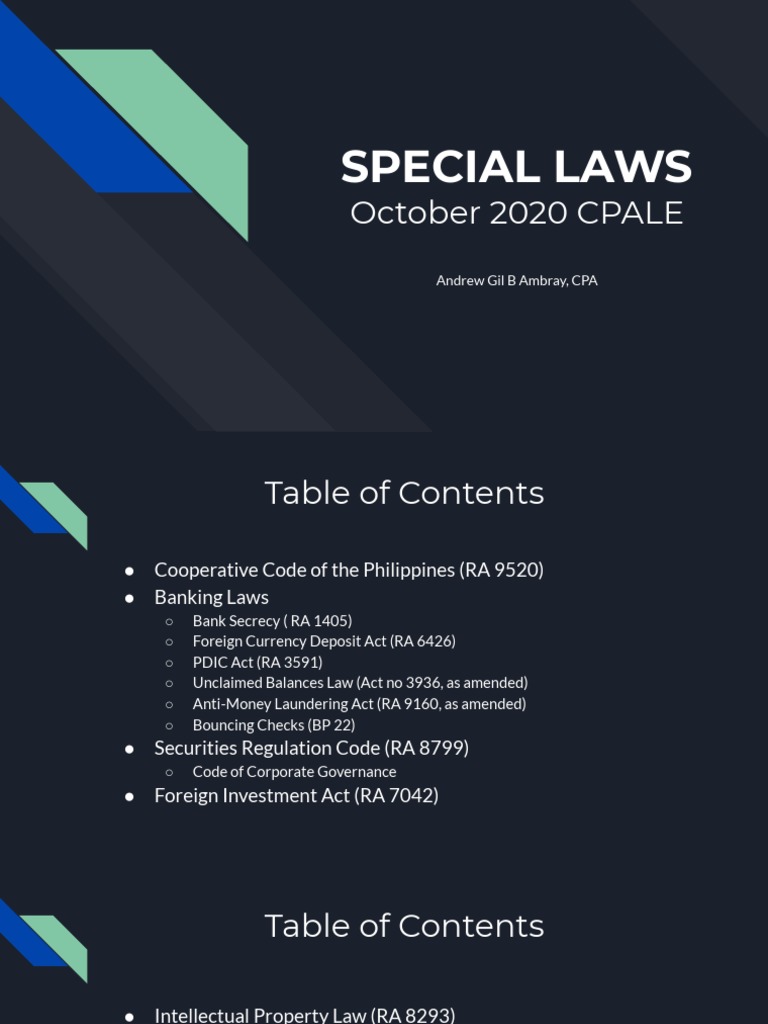 Special Laws: October 2020 CPALE | Download Free PDF | Deposit Account ...