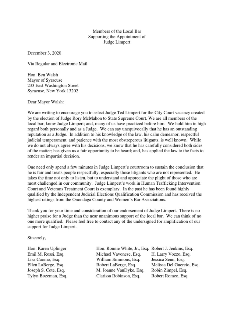 Support for Judge Limpert's Appointment | PDF | Judge | Justice