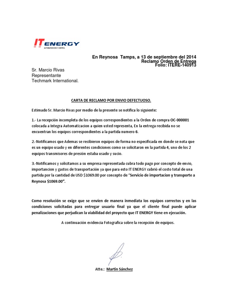 Itere-140913 Reclamo Orden de Entrega | PDF | Negocios