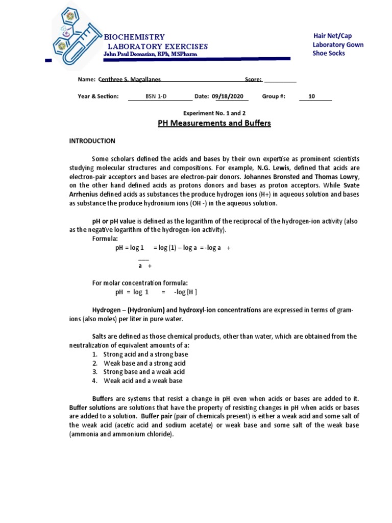 Biochemistry Exercises 1 and 2 | PDF | Acid | Ph
