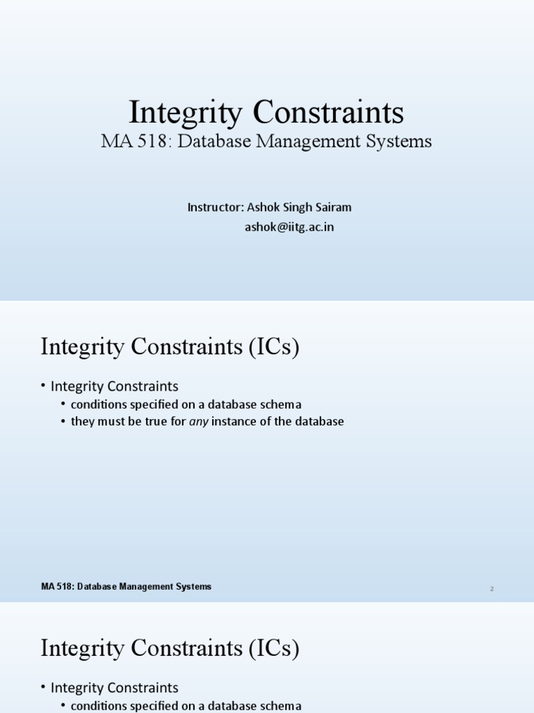 Integrity Constraints: MA 518: Database Management Systems | Download Free PDF | Relational ...