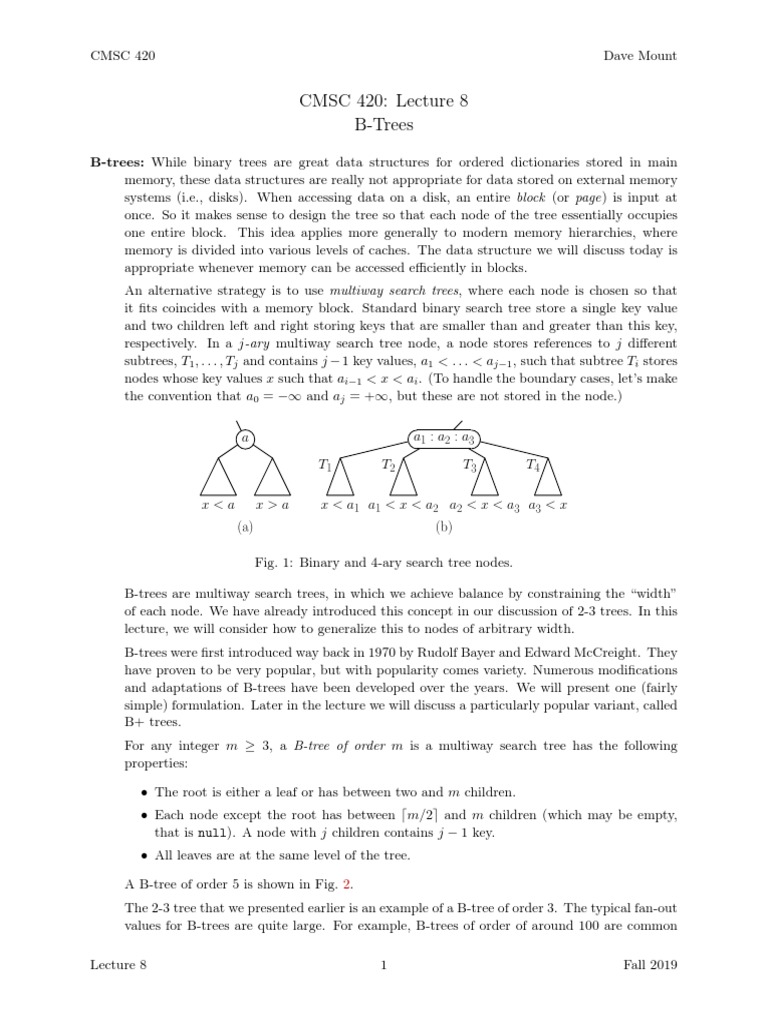 Cmsc 420 Lecture 8 B Trees 1 J 1 J 1 I I 1 I 0 J Download Free Pdf Algorithms And Data 0351