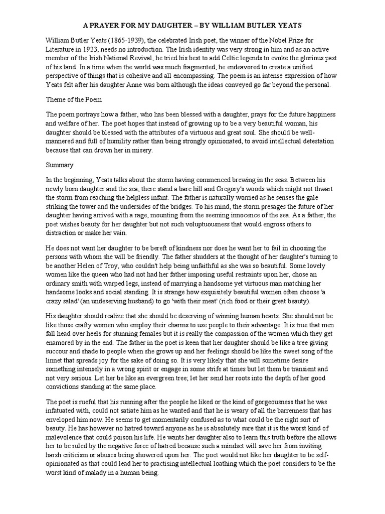 A PRAYER FOR MY DAUGHTER - William Yeats | PDF | Poems | W. B. Yeats