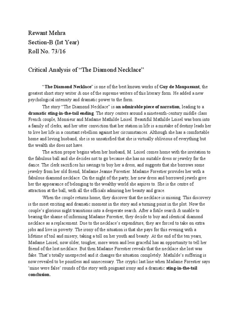 Critical Analysis - The Diamond Necklace | PDF | Jewelry | Design