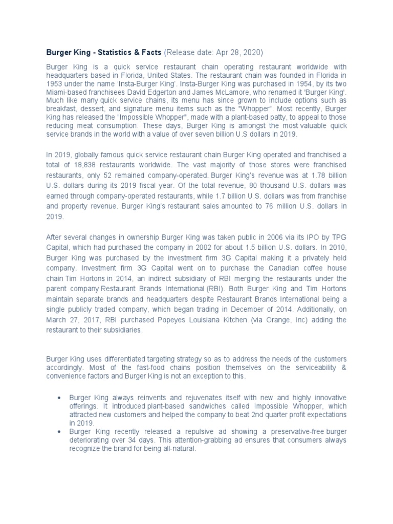 Burger King Statistics Facts Pdf Hamburgers Fast Food Restaurants