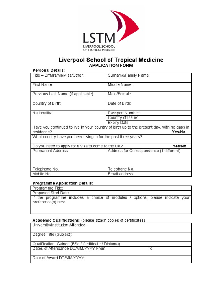 Liverpool School of Tropical Medicine: Application Form