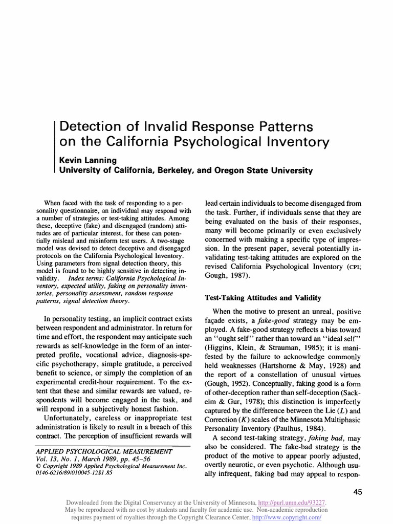 Response Psychological Inventory: Detection of Invalid Patterns The ...