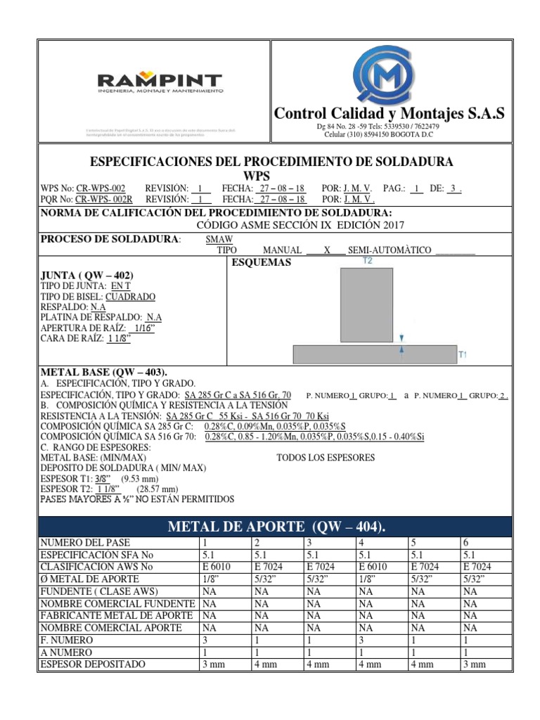 Platina - WPS CR-WPS-002 ASME IX RV 1 | PDF | Soldadura | Construcción
