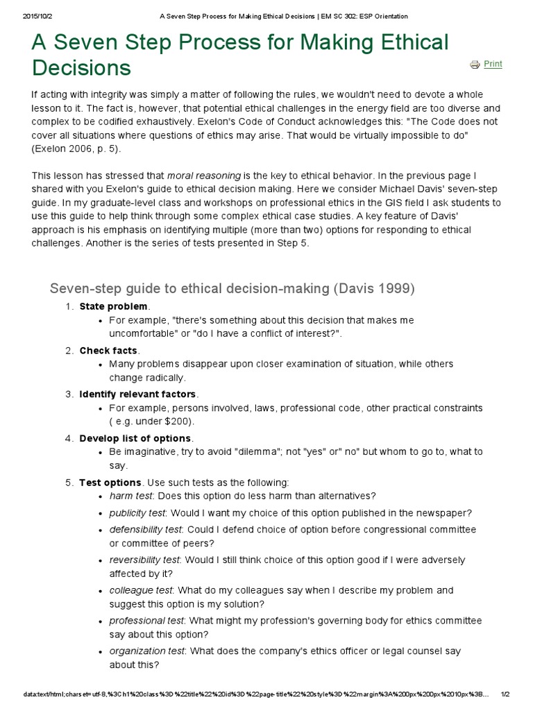 A Seven Step Process For Making Ethical Decisions - EM SC 302 - ESP ...