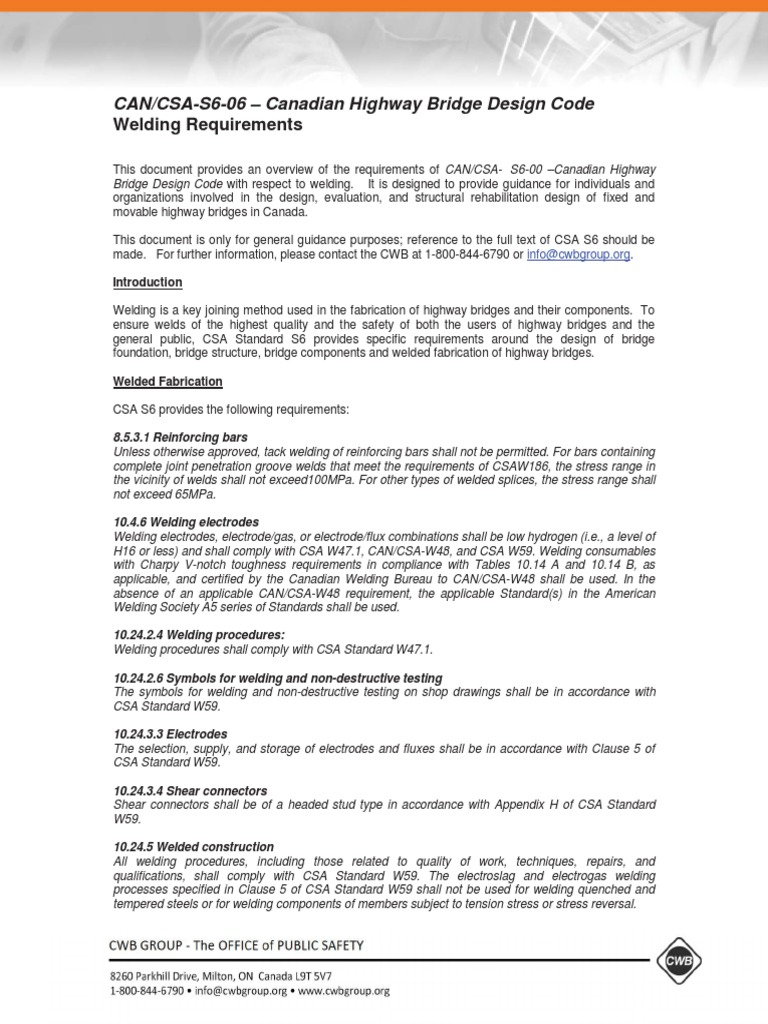 CWB - Welding Requirements Csa-S6 Canadian Highway Bridge Design Code Welding Requirements | PDF ...