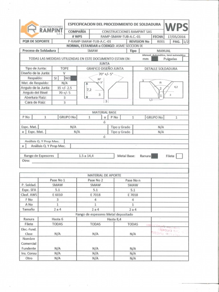 WPS Tuberia Asme Seccion IX P1 SMAW E6010 7018 PDF | PDF
