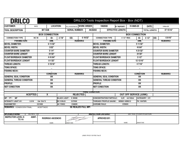 DRILCO Tools Inspection Report Box - Box (NDT) : Box Connection Box Connection | PDF | Nature