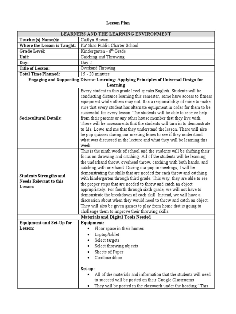 Overhand Throwing Lesson Plan | PDF | Physical Education ...