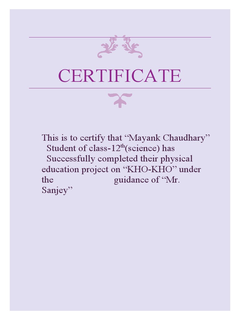 Certificate & Acknowledgement of Kho Kho Physical Educartion | PDF