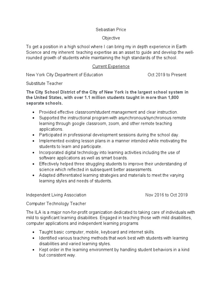 Sebastian Price Resumea1 | PDF | Lesson Plan | Behavior Modification