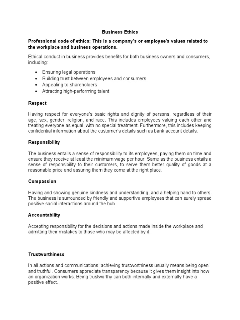 Business Ethics Professional Code of Ethics: This Is A Company's or ...