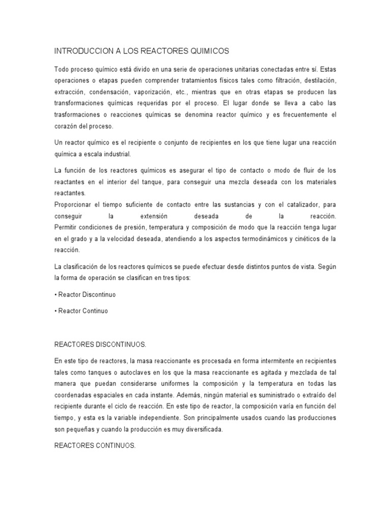 Introduccion A Los Reactores Quimicos | PDF | Reactor Quimico | Reacciones químicas