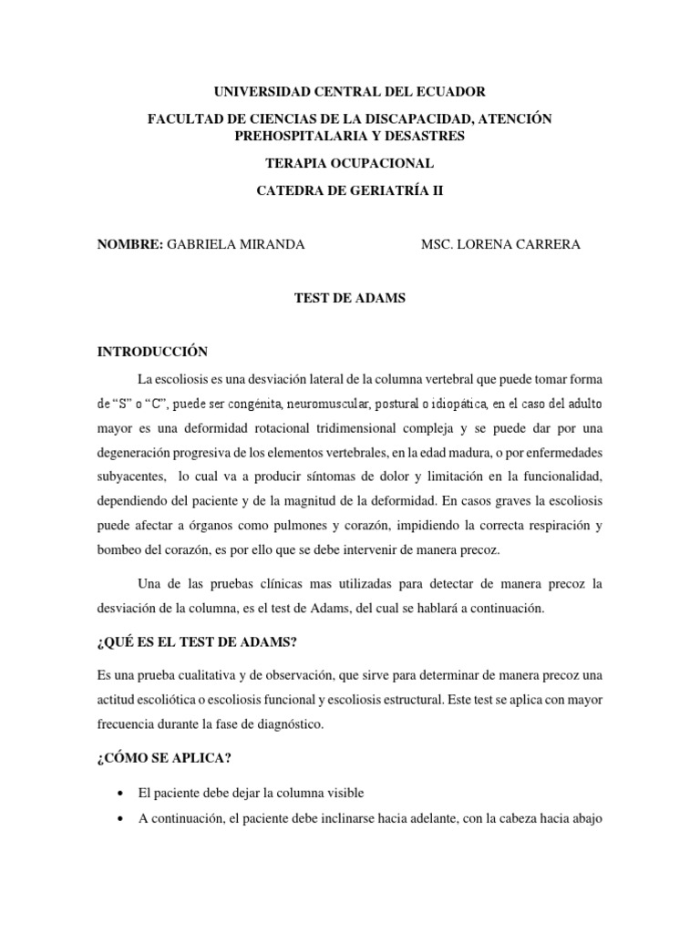 Test de Adams | PDF | Escoliosis | Especialidades Medicas