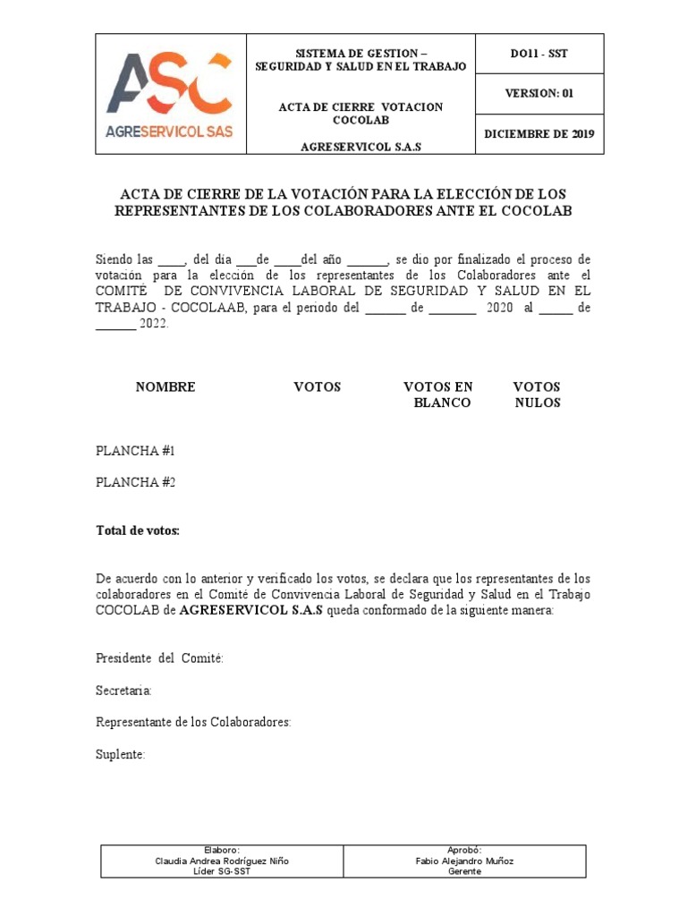 Do11. Formato Acta de Cierre de La Votación Cocolab | PDF | Elecciones | Gobierno