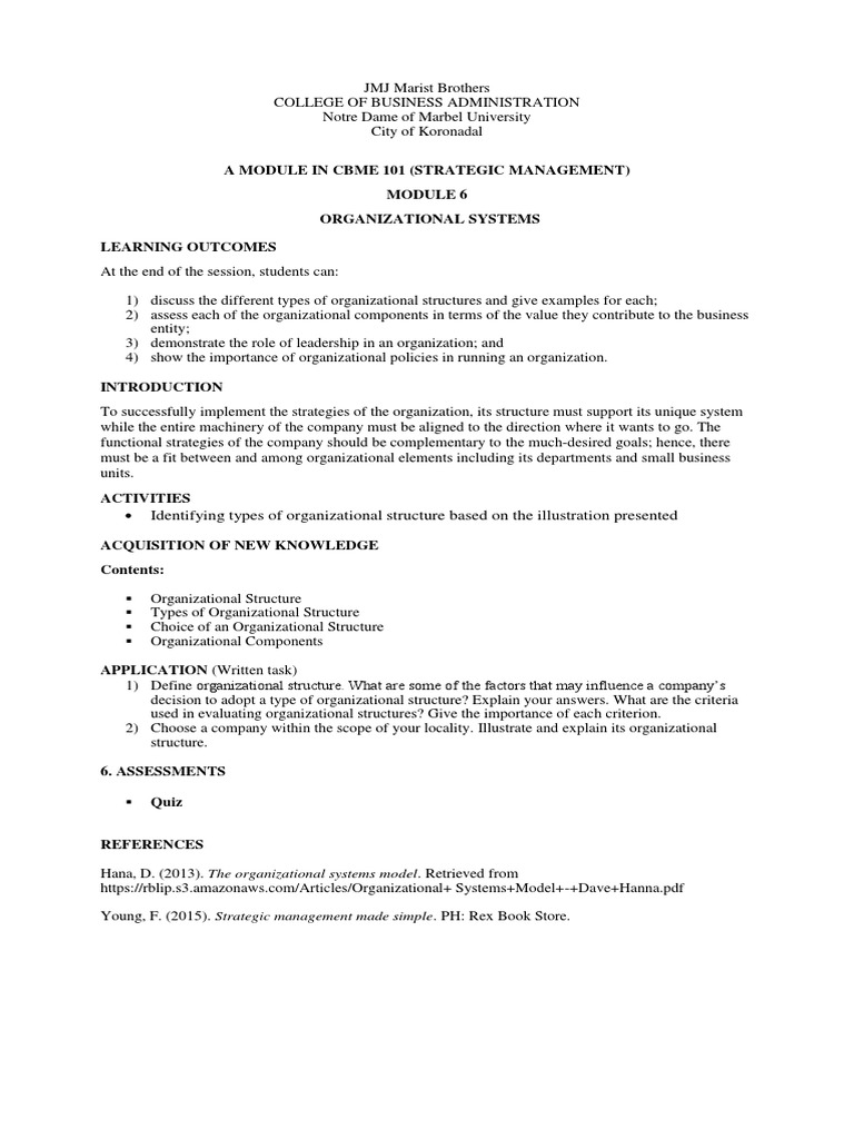 A Module in Cbme 101 (Strategic Management) Organizational Systems ...