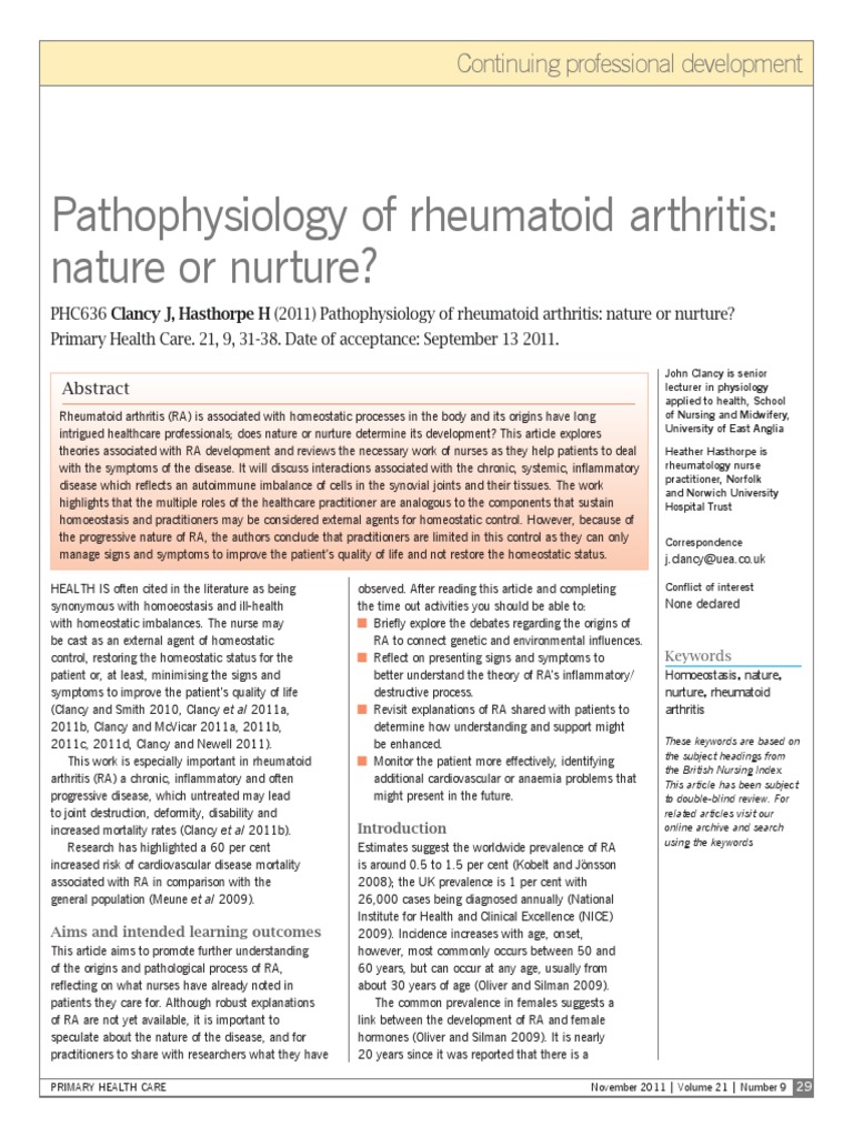 Pathophysiology of Rheumatoid Arthritis: Nature or Nurture? | PDF ...