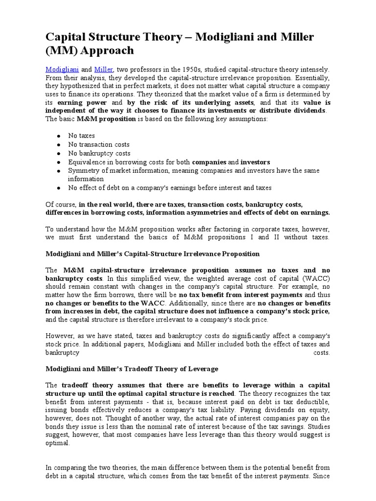 Modigliani-Miller Capital Structure Theory | PDF