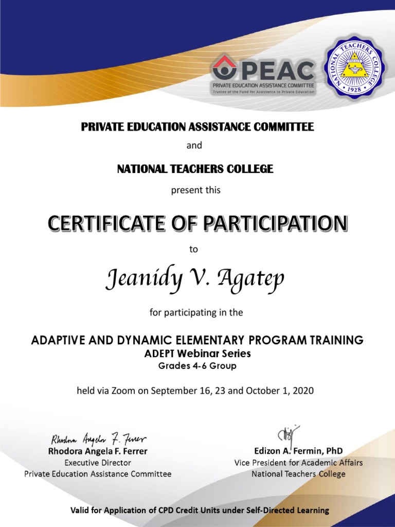 Agatep - ADEPT Certificate of Participation - Grades 4-6 - Wsig PDF | PDF
