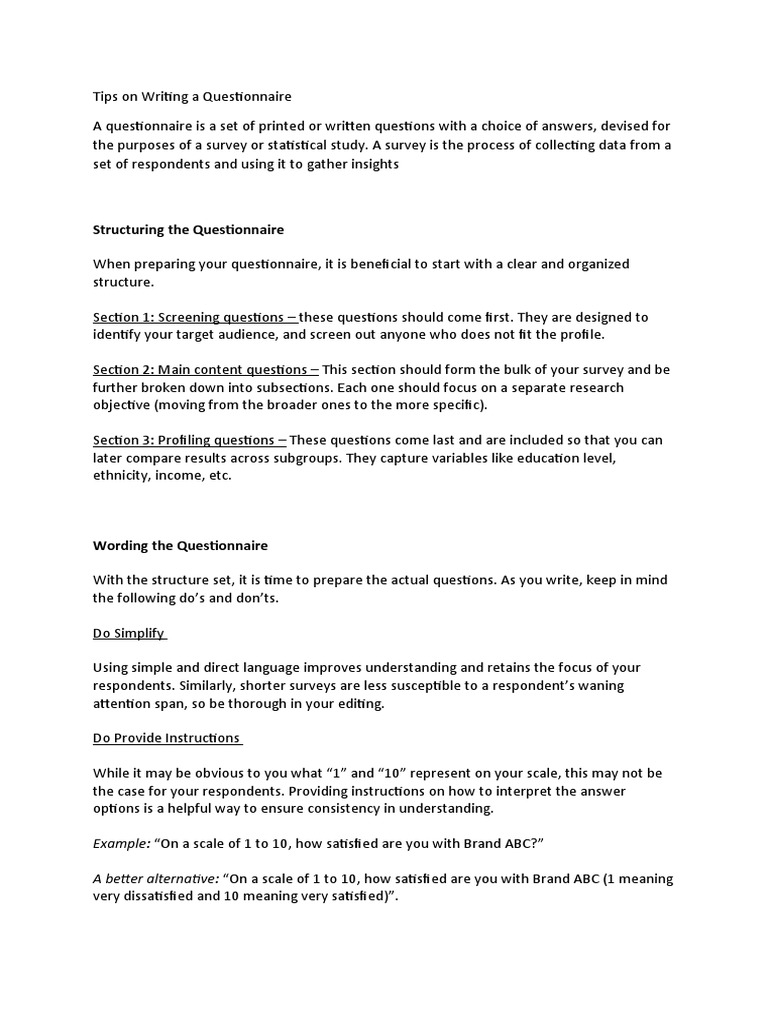 Tips On Writing A Questionnaire | Download Free PDF | Survey ...