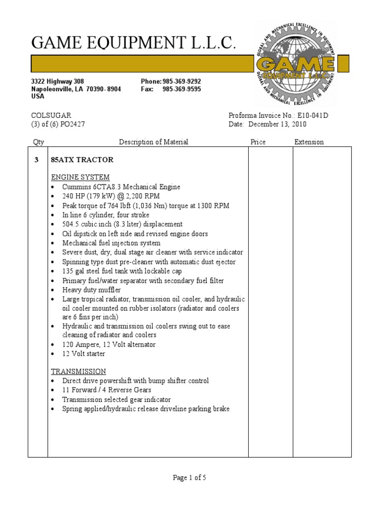 85ATX Tractor Proforma Invoice | PDF | Steering | Transmission (Mechanics)