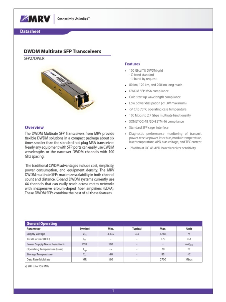 DWDM Multirate SFP Transceivers: Datasheet | PDF | Wavelength Division ...