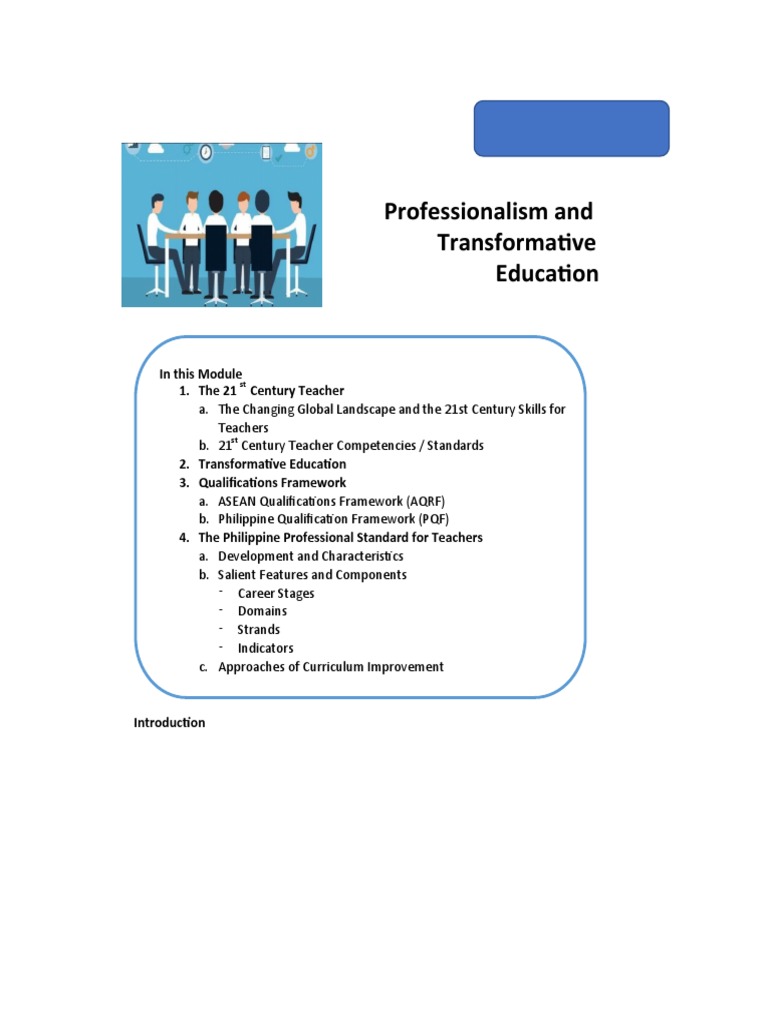 Professionalism and Transformative Education: in This Module 1. The 21 ...