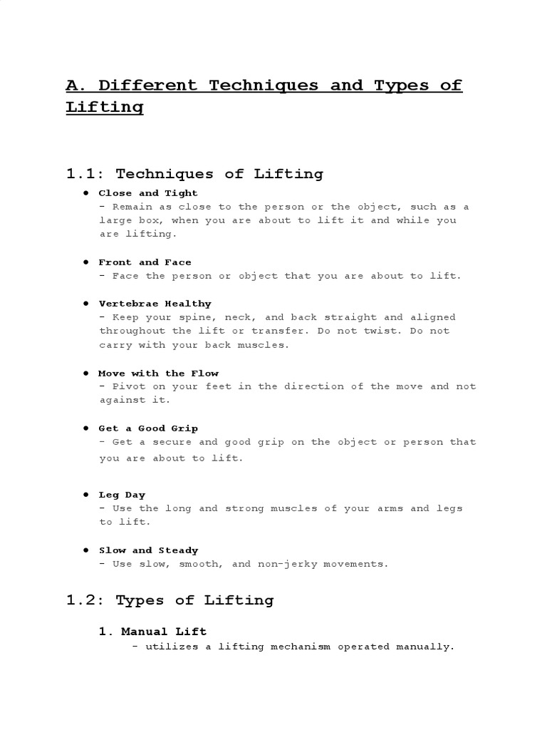 A. Different Techniques and Types of Lifting | PDF | Wheelchair | Chair