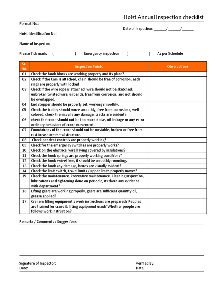 Hoist Annual Inspection Checklist | PDF