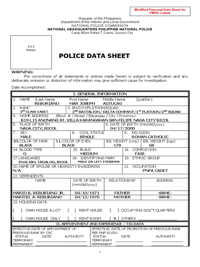 Police Data Sheet: National Headquarters Philippine National Police | PDF
