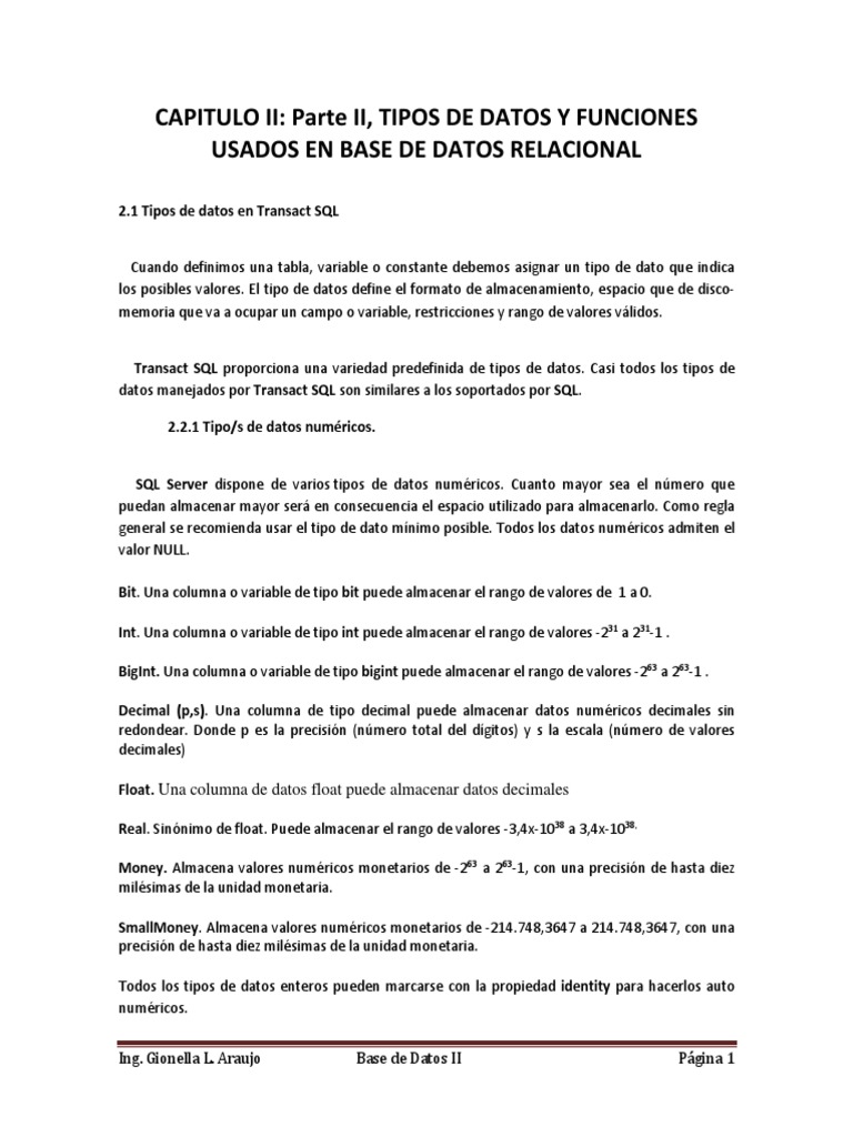 Tipos de Datos y Funciones SQL | PDF | SQL | Tipo de datos