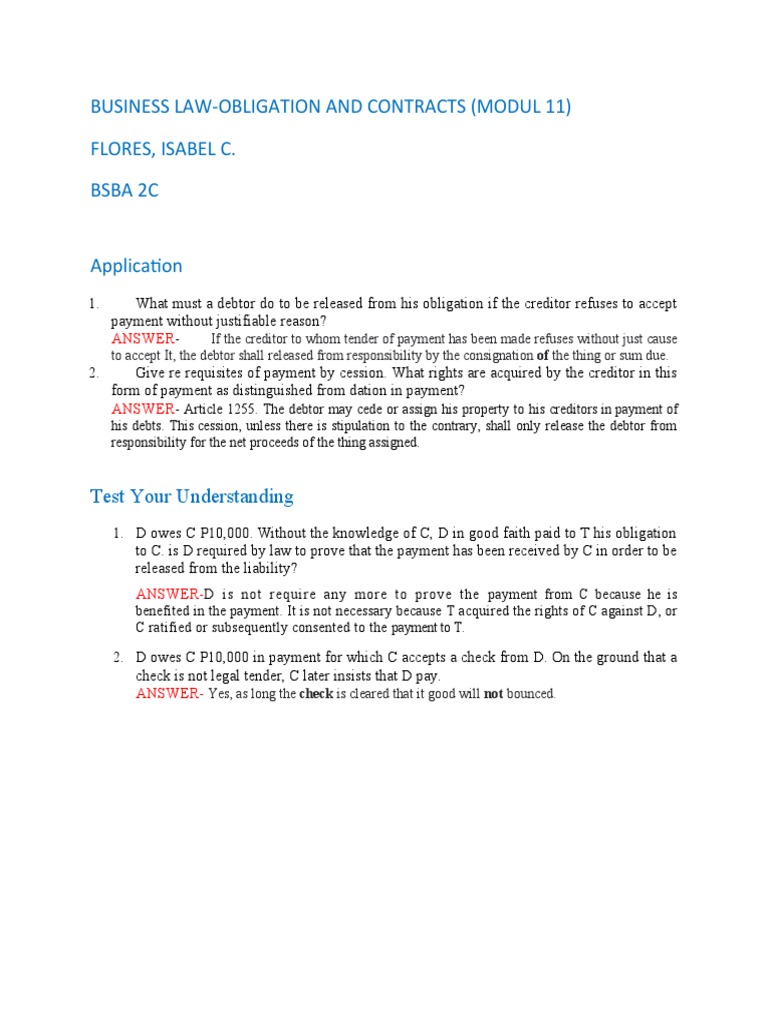 Business Law-Obligation and Contracts (Modul 11) Flores, Isabel C. Bsba 2C | PDF