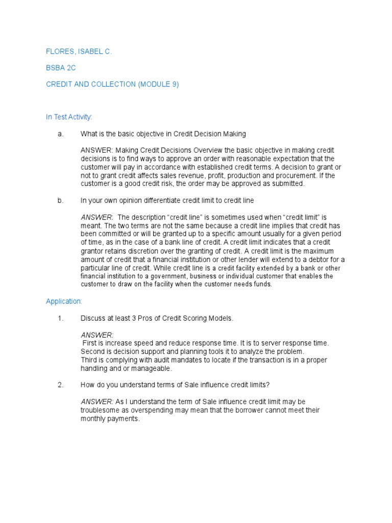 Flores, Isabel C. Bsba 2C Credit and Collection (Module 9) : in Test ...