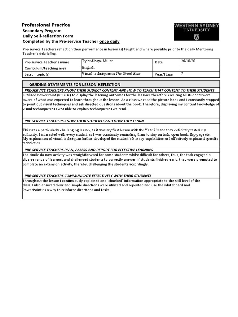 Professional Practice Reflection | PDF | Classroom Management | Mentorship