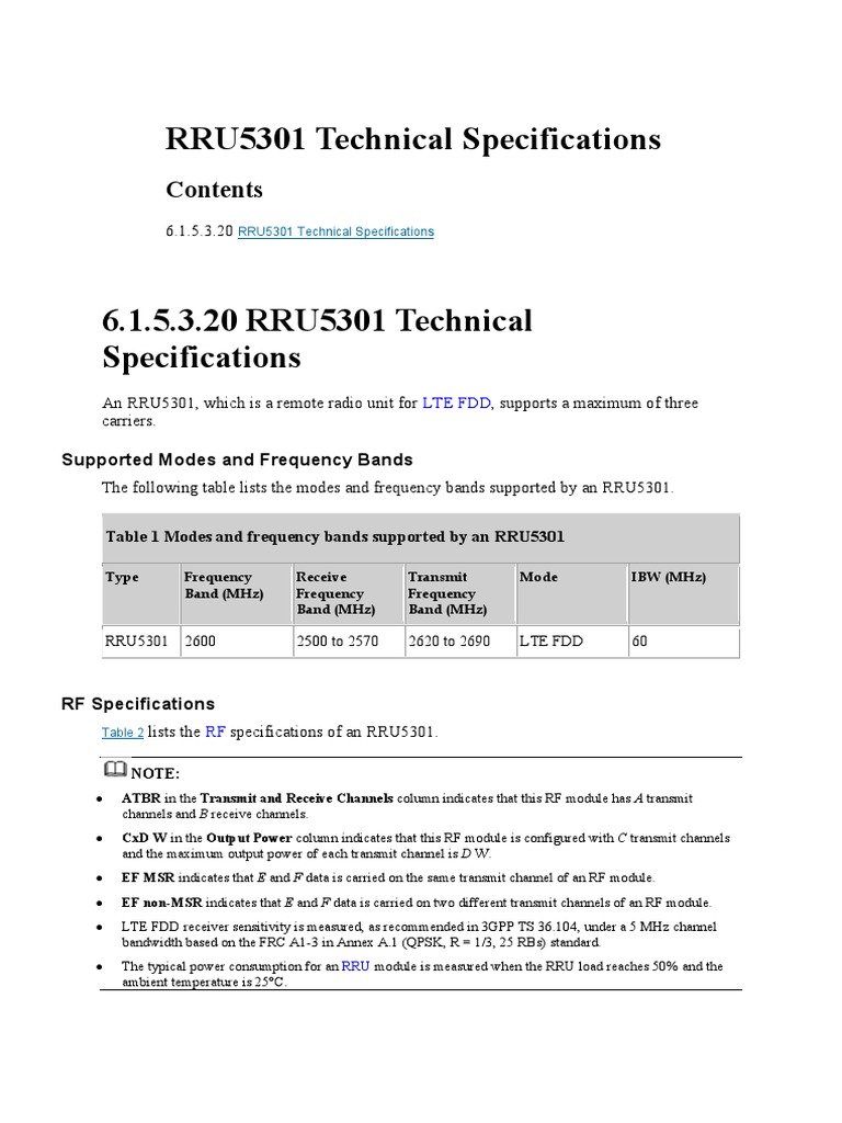 RRU5301 Technical Specifications: LTE FDD | PDF | Electrical ...