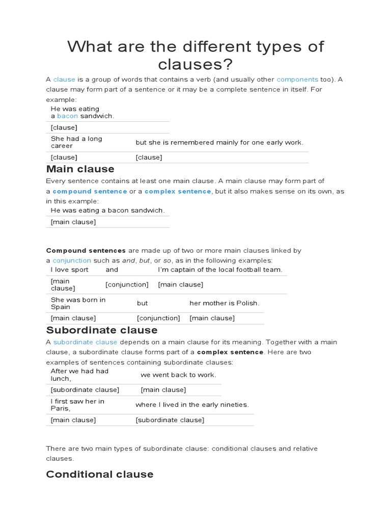 A Comprehensive Breakdown of Clause Types Including Main, Subordinate ...