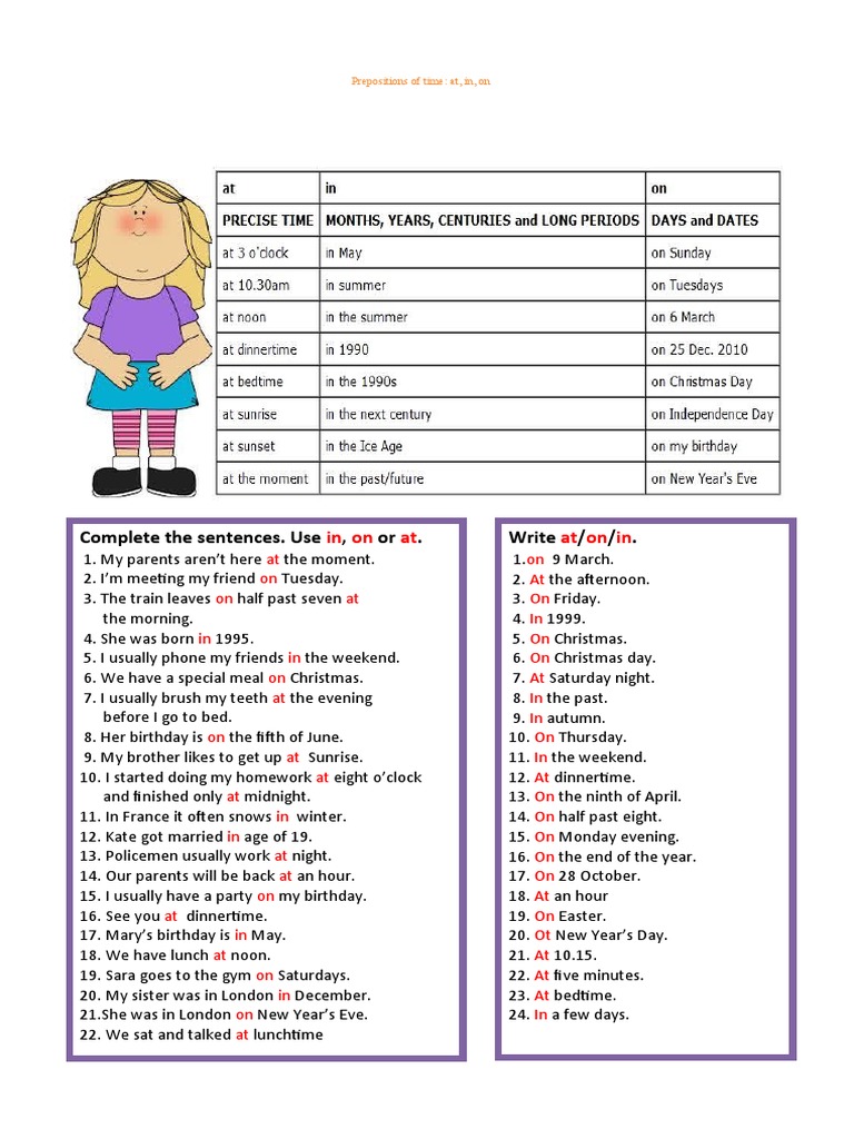 Write / / - Complete The Sentences. Use, or .: at On in in On at | PDF