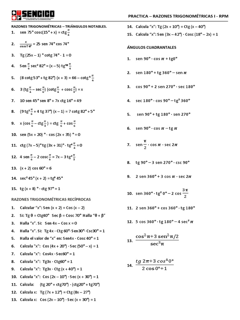 25 Sen 74° Cos 74°: Practica - Razones Trigonométricas I - RPM | PDF