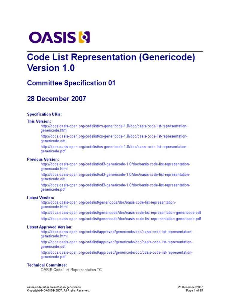 Oasis Code List Representation Genericode PDF | Download Free PDF | Xml Schema | Xml