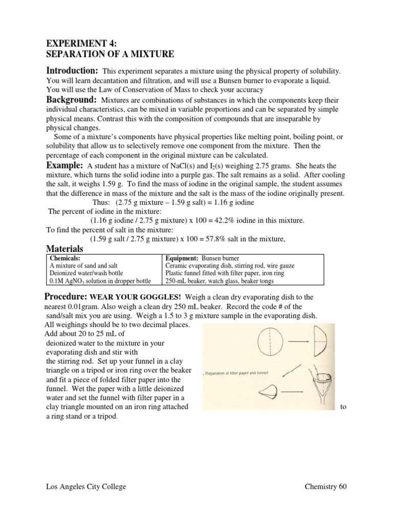 Experiment 4: Separation of A Mixture | PDF | Filtration | Mixture