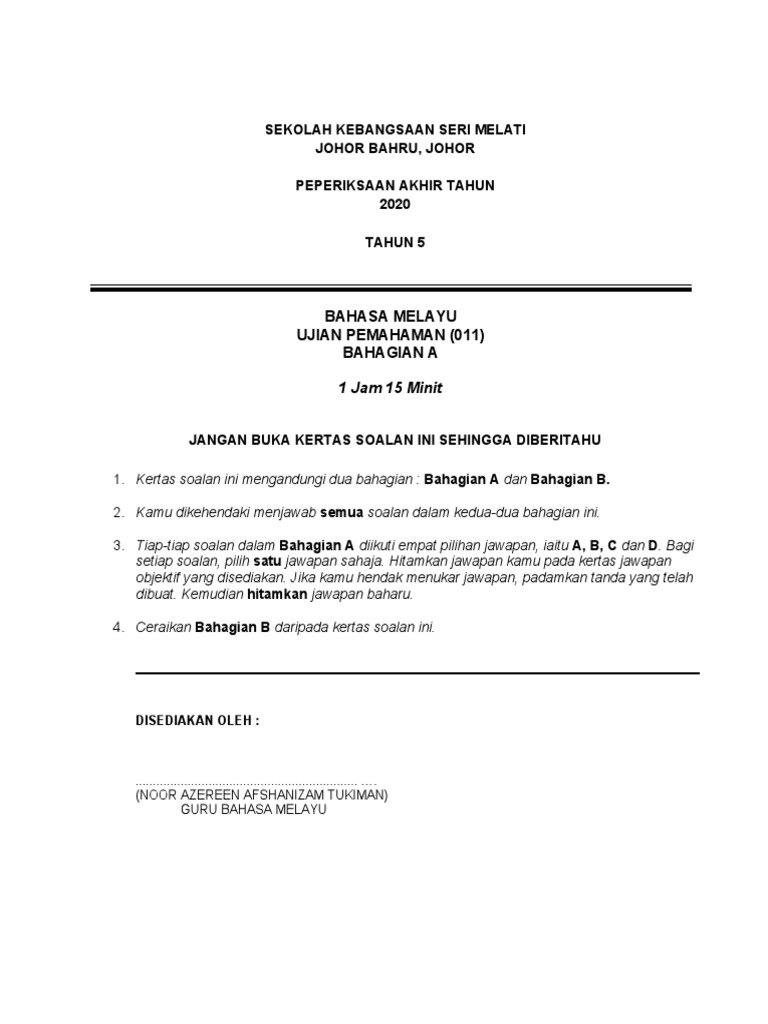 Muka Depan Kertas Soalan BM | PDF