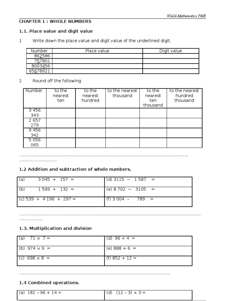 Chapter 1: Whole Numbers 1.1. Place Value and Digit Value: WAJA ...